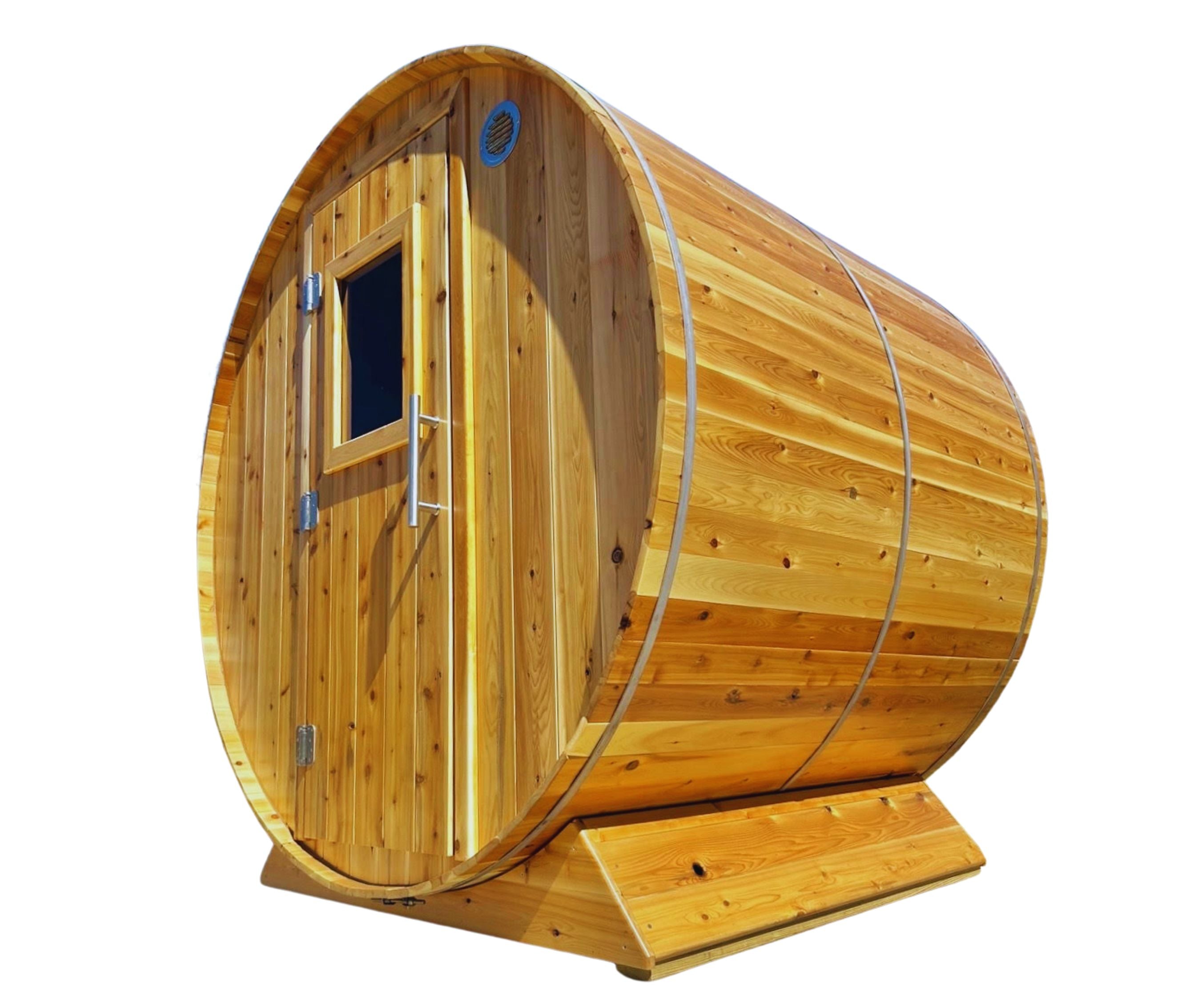 In Stock- 5ft, Fully Assembled, White Cedar Barrel Sauna – Amara Saunas