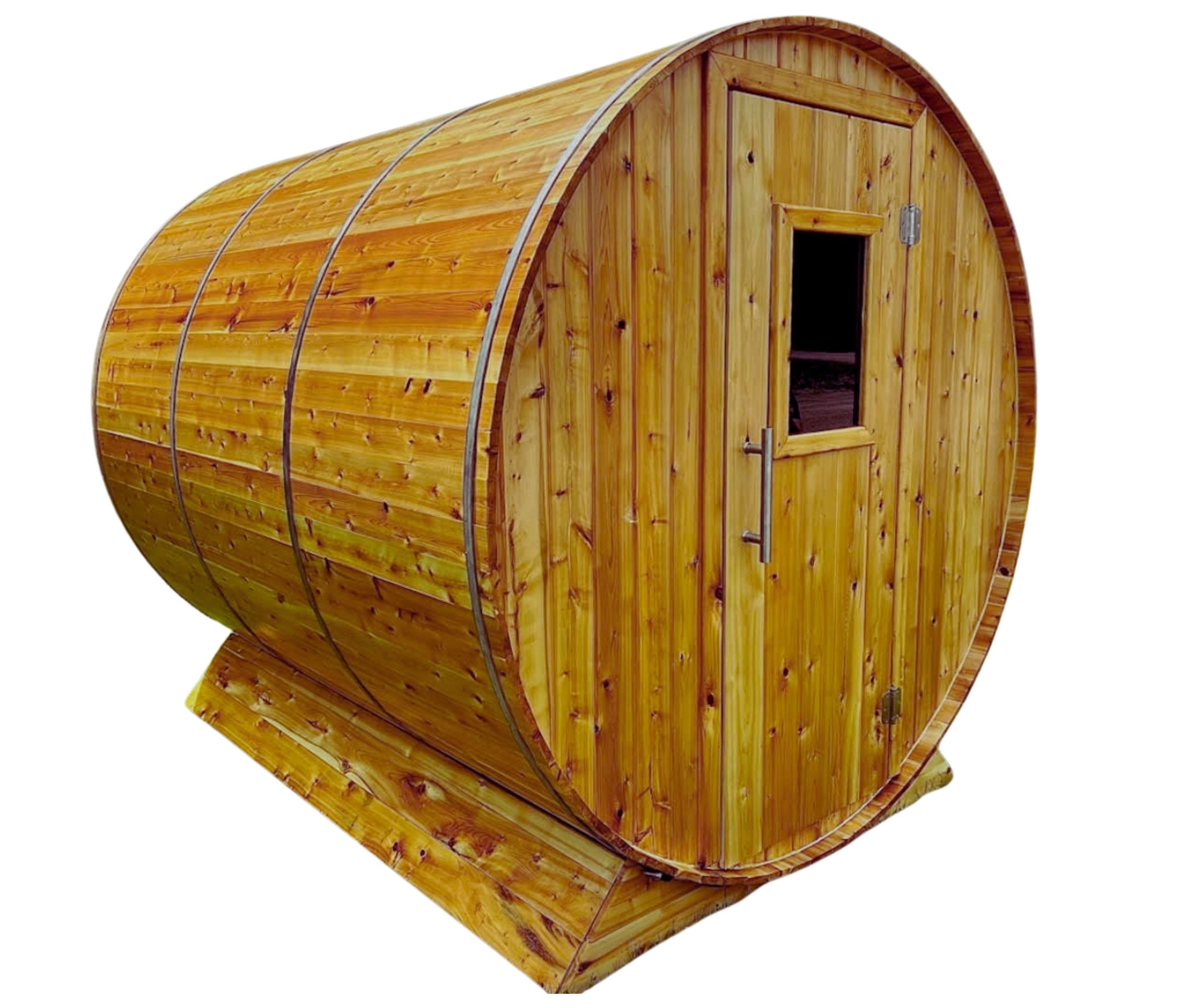 In Stock- 8ft, Fully Assembled, White Cedar Barrel Sauna – Amara Saunas
